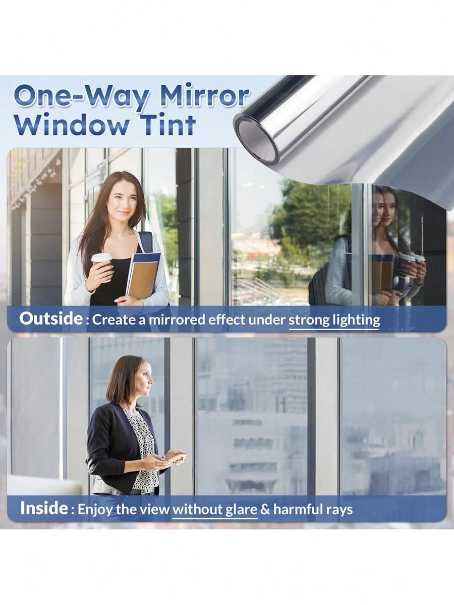 1 Roll Silver One Way Mirror Privacy Film, Anti-Spy Protection, Heat UV Blocking Window Film For ...