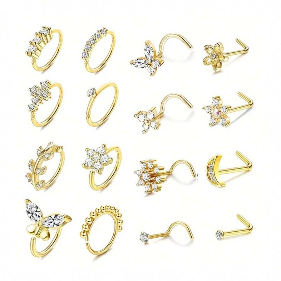 16Pcs 20G Flower Butterfly Nose Rings Hoops, Nose Studs Inlaid Shiny ...