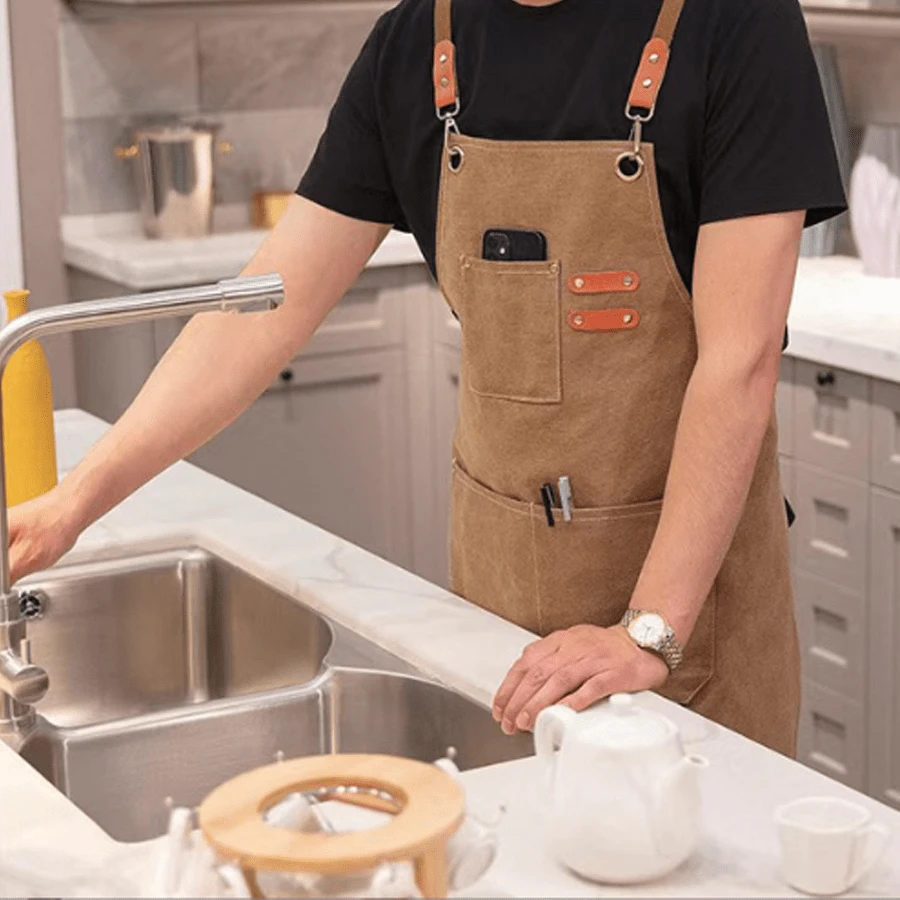 1pc Work Apron, Cross Back Chef Apron, Canvas Multifunction Apron For ...
