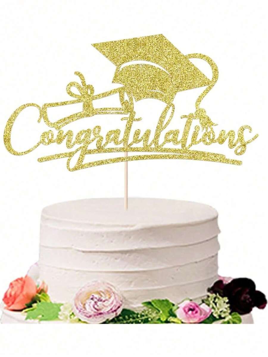 1pc Congrats Grad 2024 Cake Topper Black And Gold Glitter Graduation ...