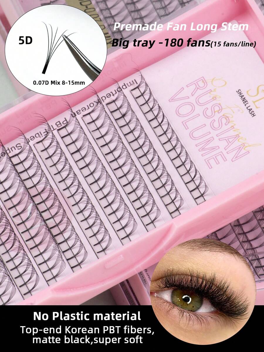 New Style 12 Rows 180 Lashes Fans Long Stem 5D Natural Soft Ultra Dark ...