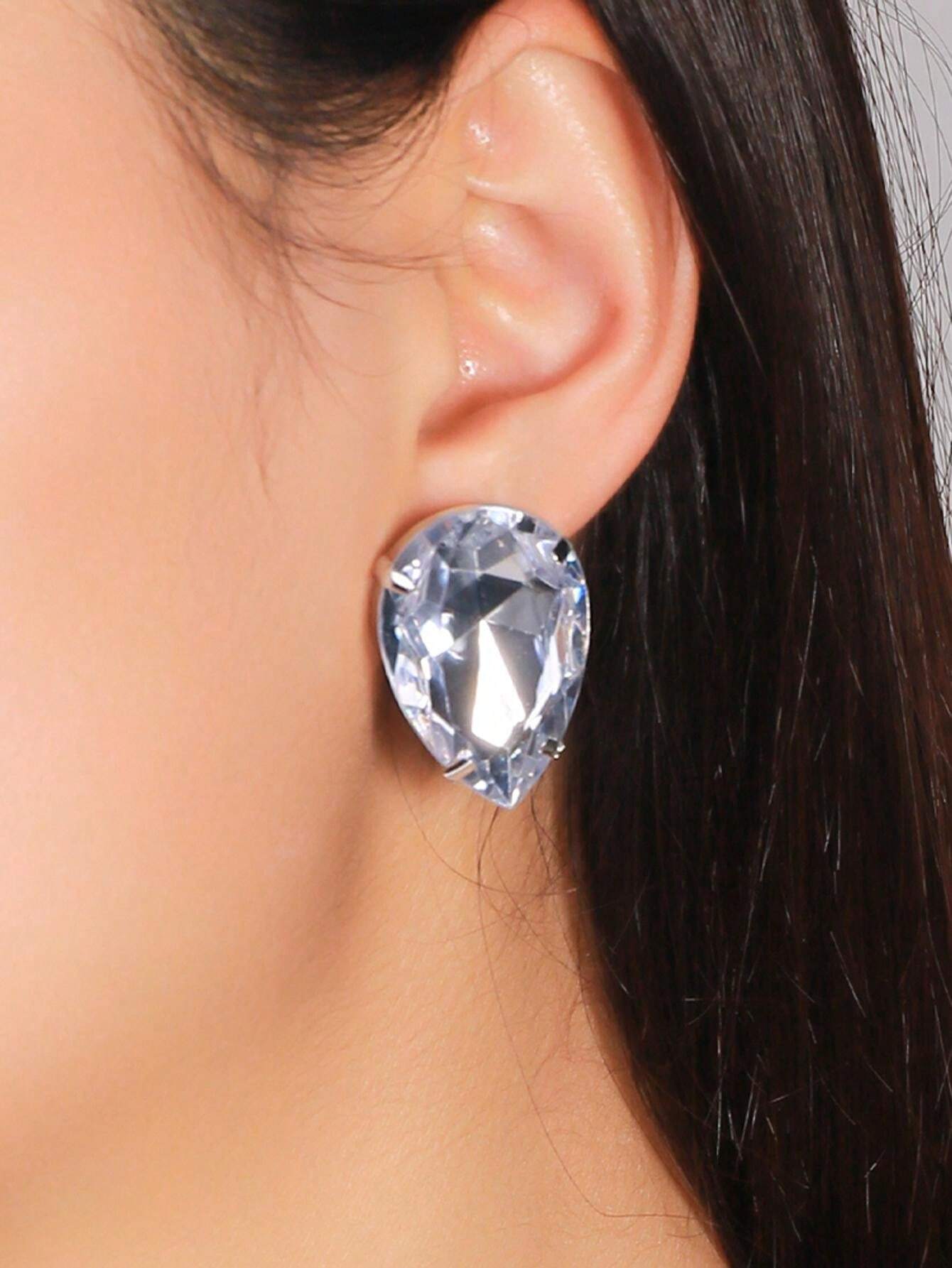 1pair New Silver Water Drop Earrings Women's Simple Rhinestone Stud ...
