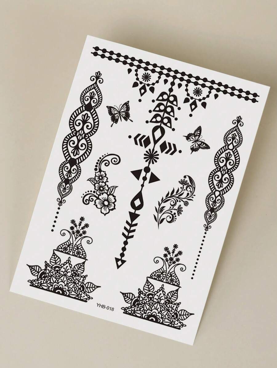 1pc Black Henna Style Lace Stripe Pattern Temporary Tattoo Stickers For ...