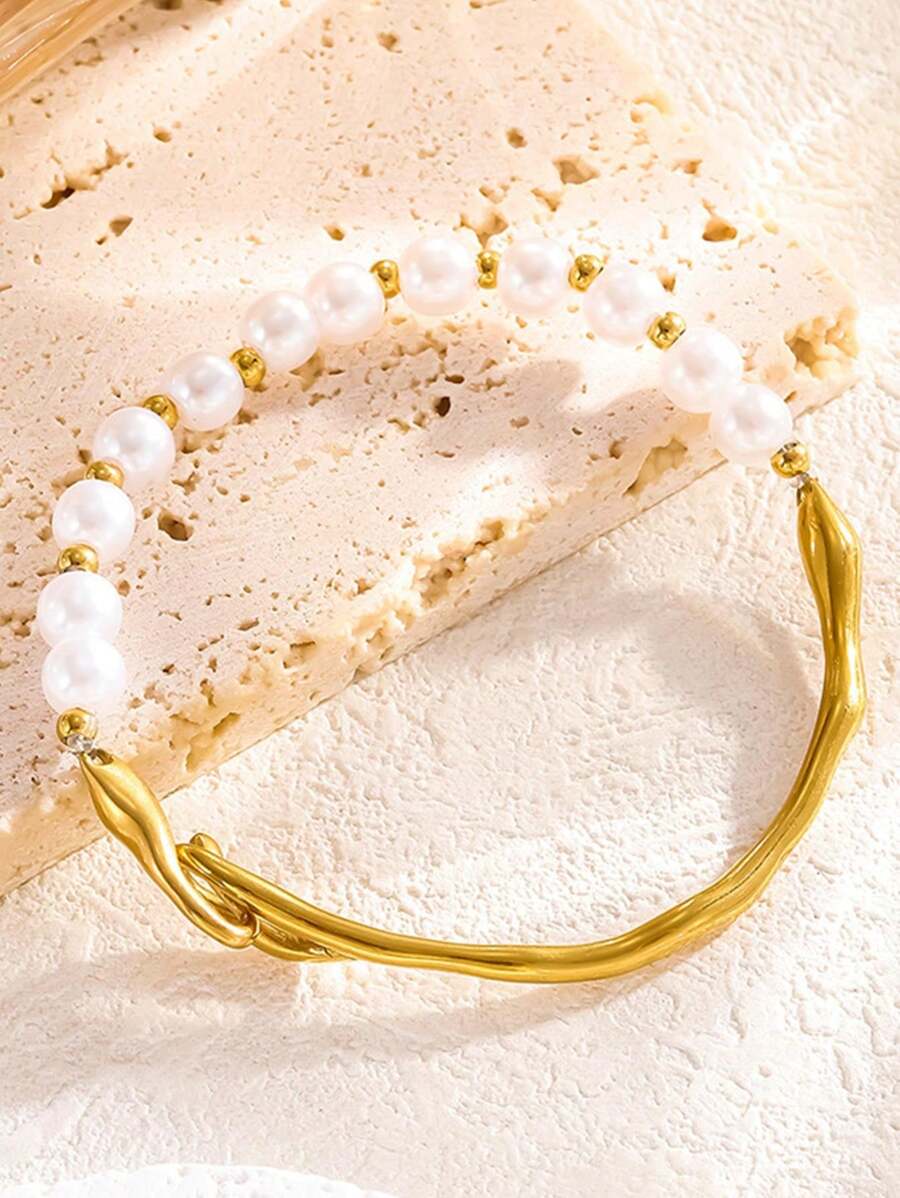 2024 New Personality Clasp Circle Pearl Geometric Gold Bangle, Easy To ...