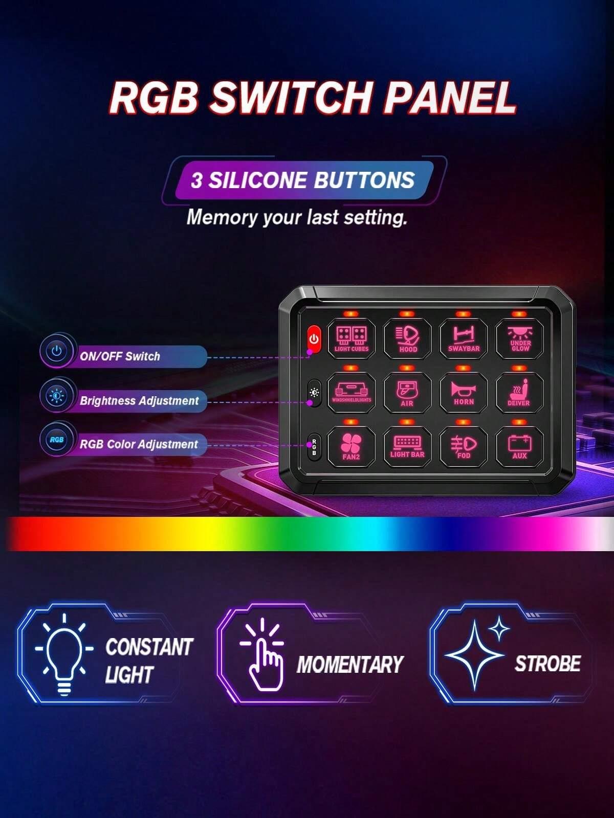 12 Gangs RGB LED On-Off APP Switch Panel ACC 12V 24V Universal Power ...