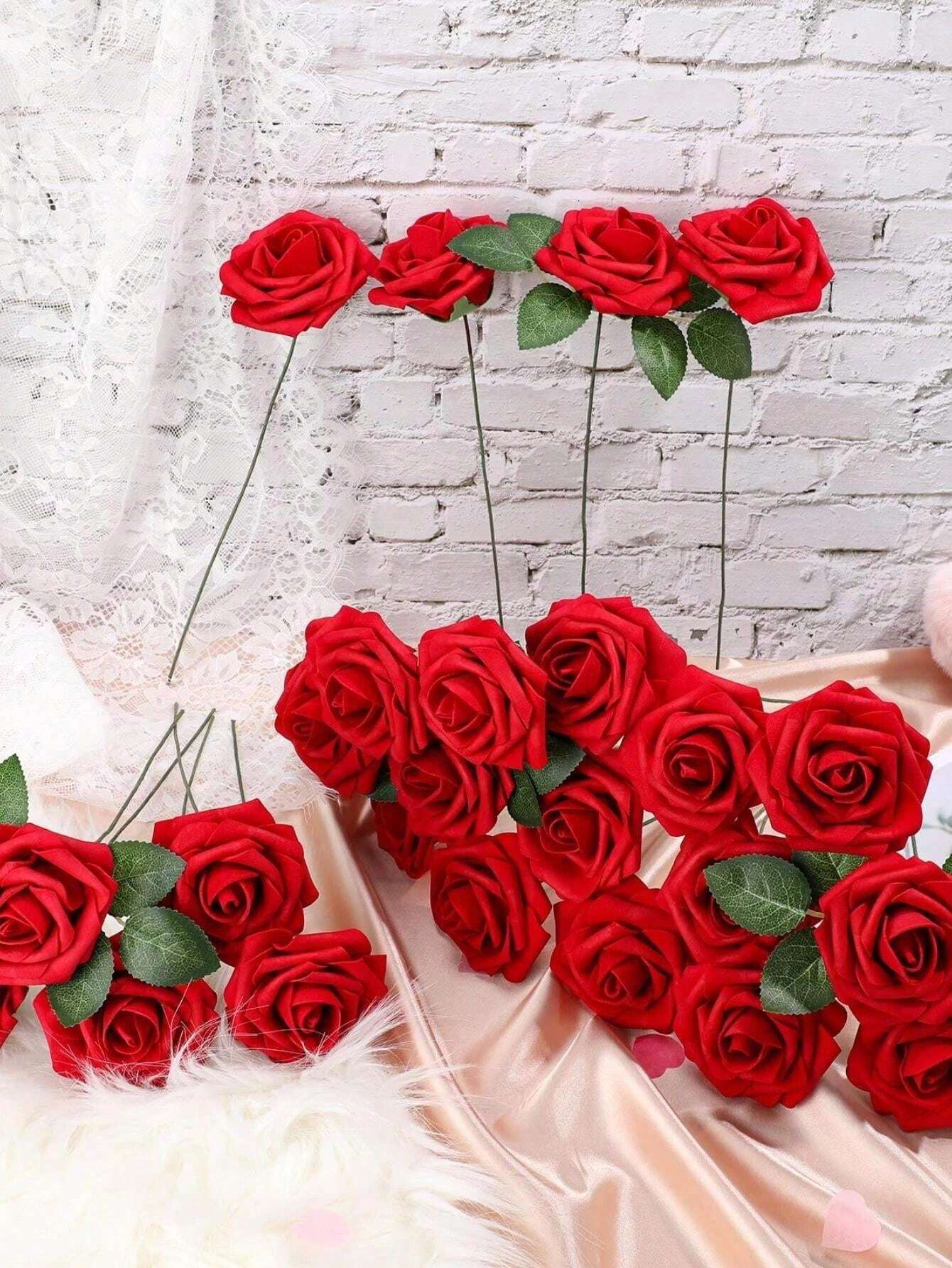 5/25 piezas Rosas rojas artificiales con tallos, rosas rojas ...