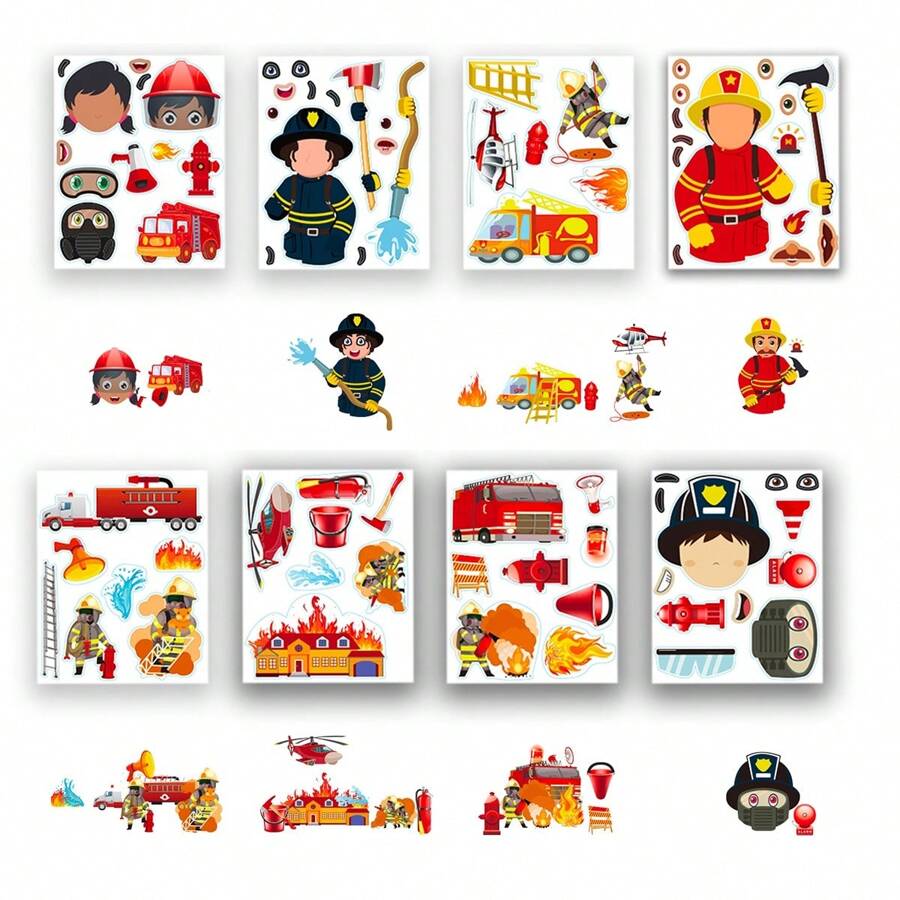 8 Sheets Firefighter Sticker Make A Face Stickers Fireman Birthday ...