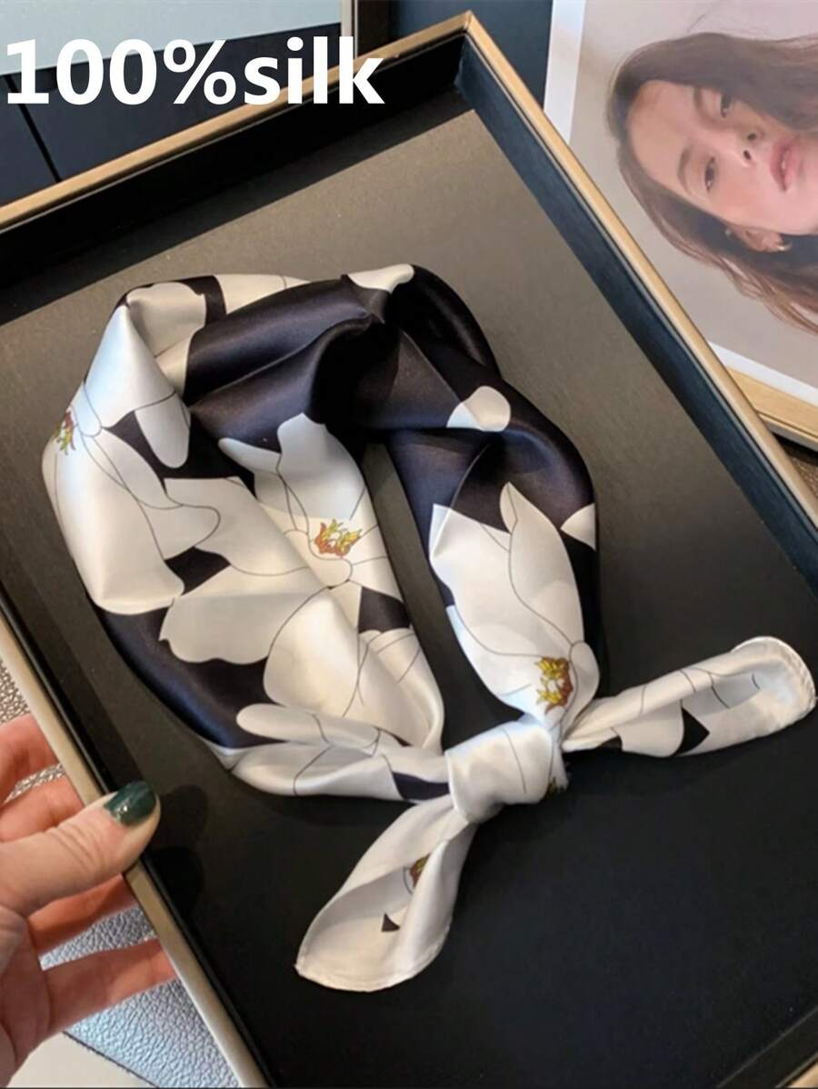 1pc 100% Silk Small Square Scarf, Floral Print Women's Spring/Summer ...