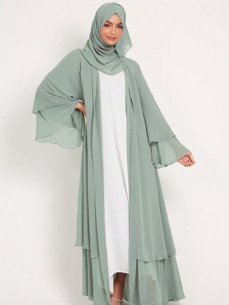 1pc Double-Layered Chiffon Muslim Saudi Arabia Dubai Solid Color Casual ...