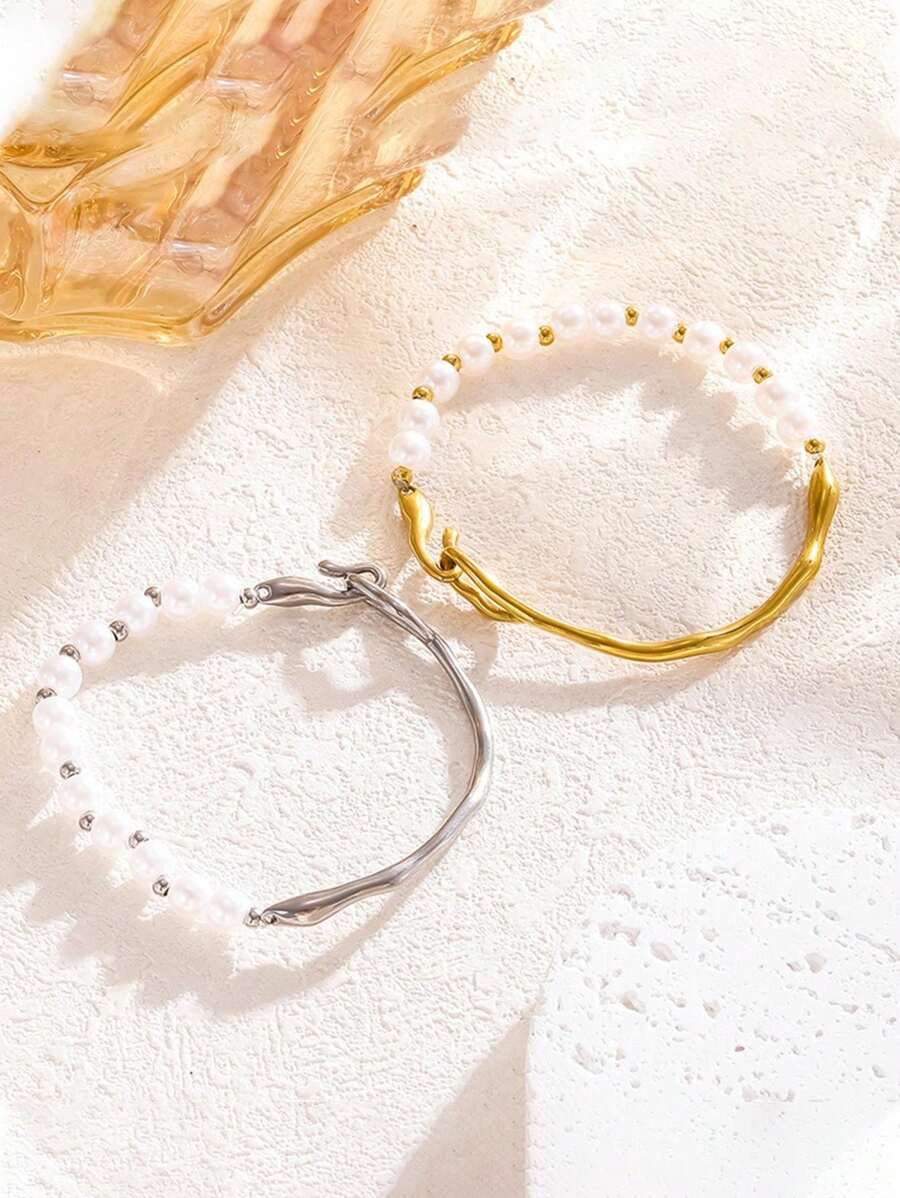 2024 New Personality Clasp Circle Pearl Geometric Gold Bangle, Easy To ...