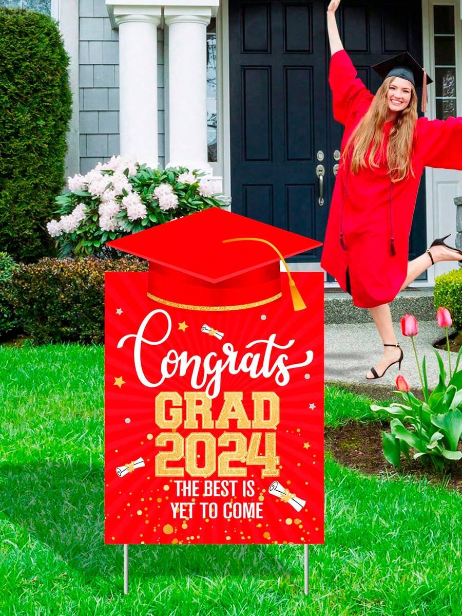 1pc 2024 Graduation Yard Sign With Metal Ground Stake, Red Congrats ...
