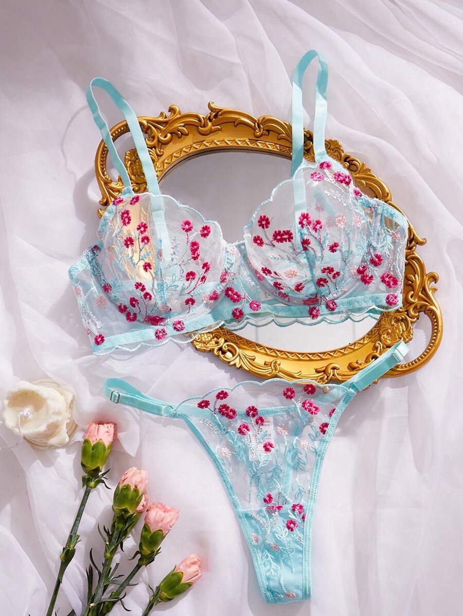 Floral Embroidered Sexy Lingerie Set For Women, Bra And Panties | SHEIN ...