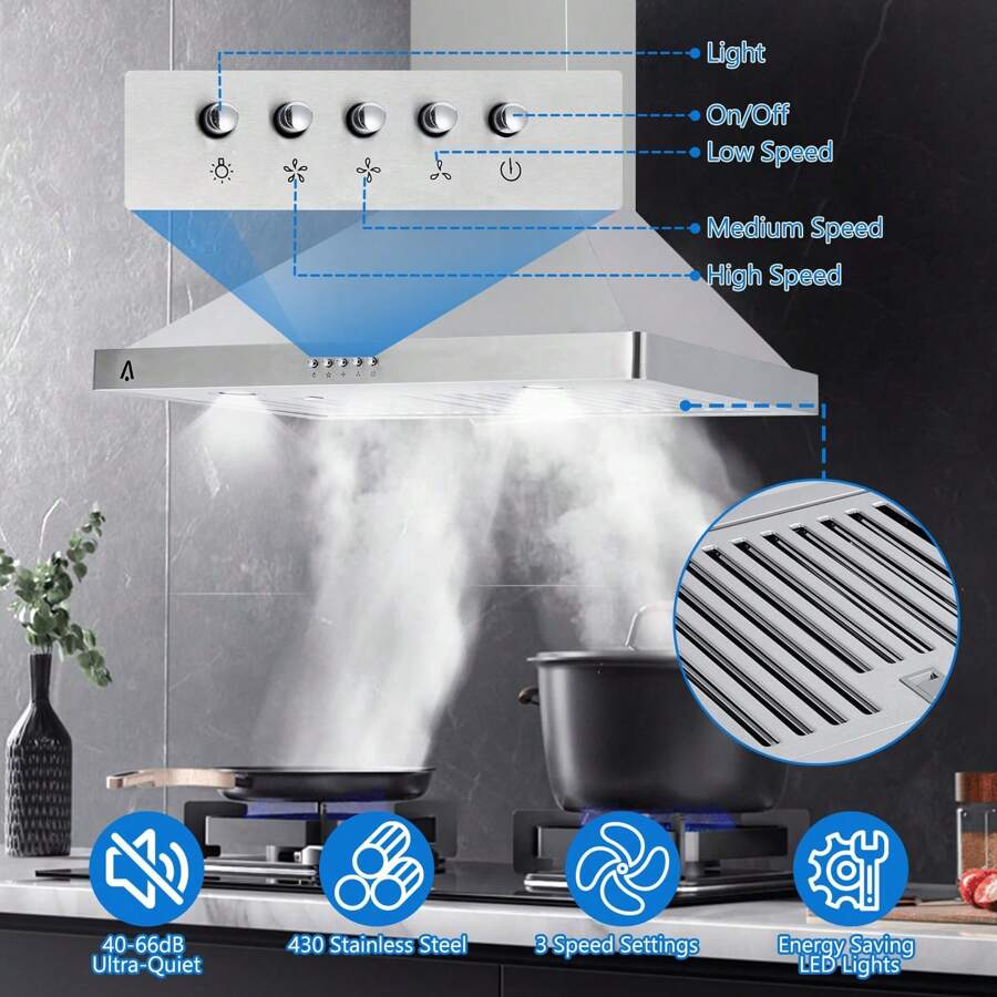 30" Wall Mount Range Hood Stainless Steel Kitchen Ceiling Chimney-Style ...