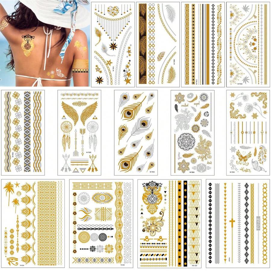 14 Sheets Metallic Temporary Tattoo Set, Tattoo Waterproof Metallic ...