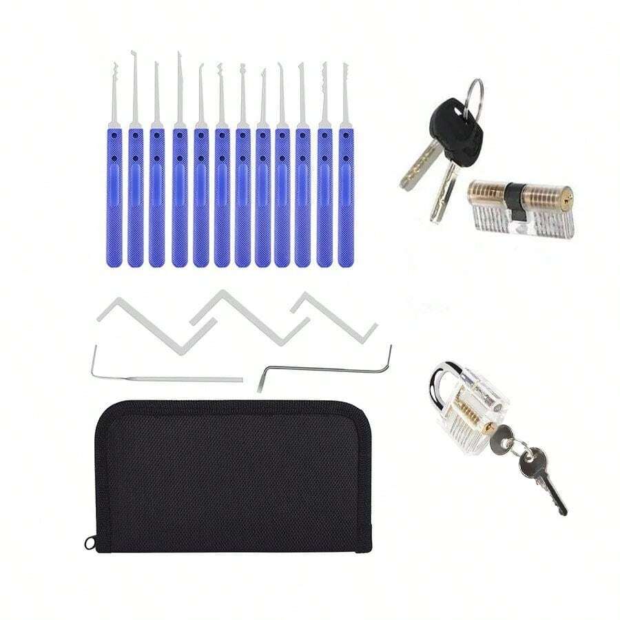 19pcs Lock Pick Set With 2 Transparent Training Locks For Beginners And ...