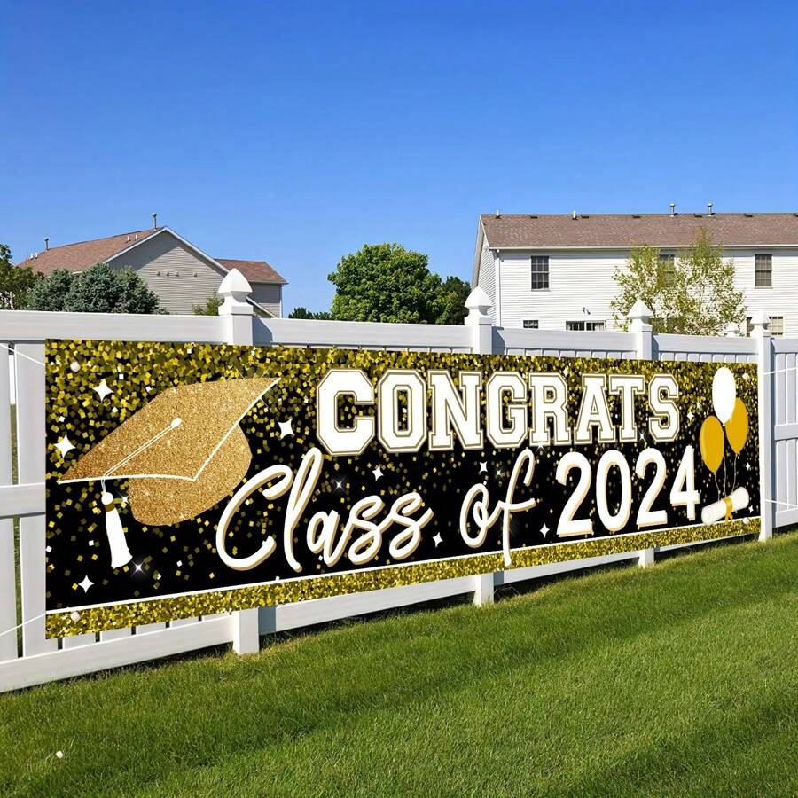 1pc Congrats Grad Banner Golden Class Of 2024 Banner Backdrop ...