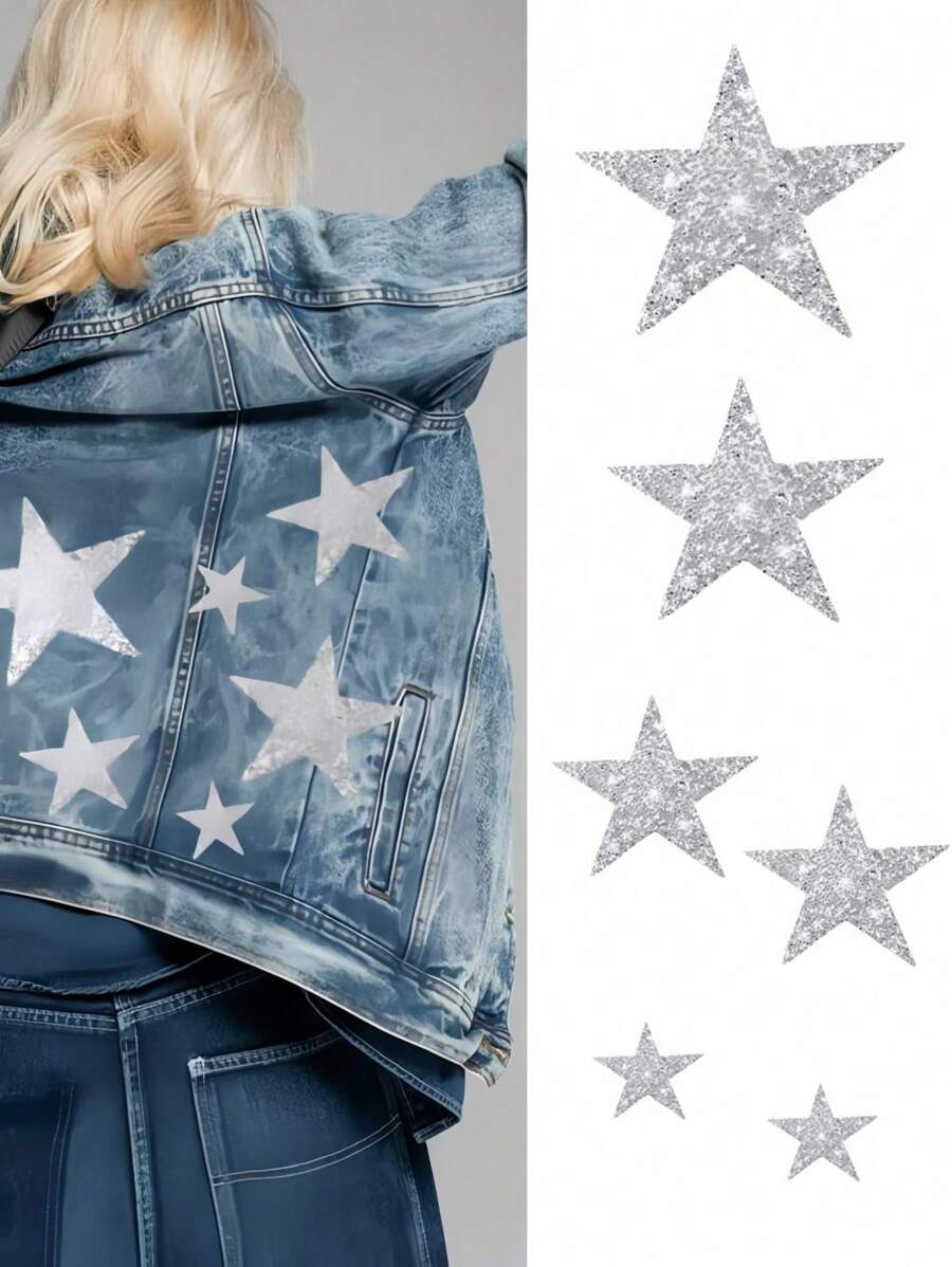 6pcs - Iron-On Star Patches, Self-Adhesive Silver Resin Rhinestone Star ...