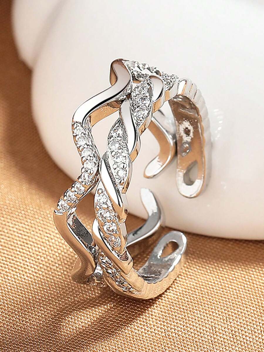 1pc Sweet & Cool Simple Diamond Inlaid Twisted Wave Pattern Ring For ...