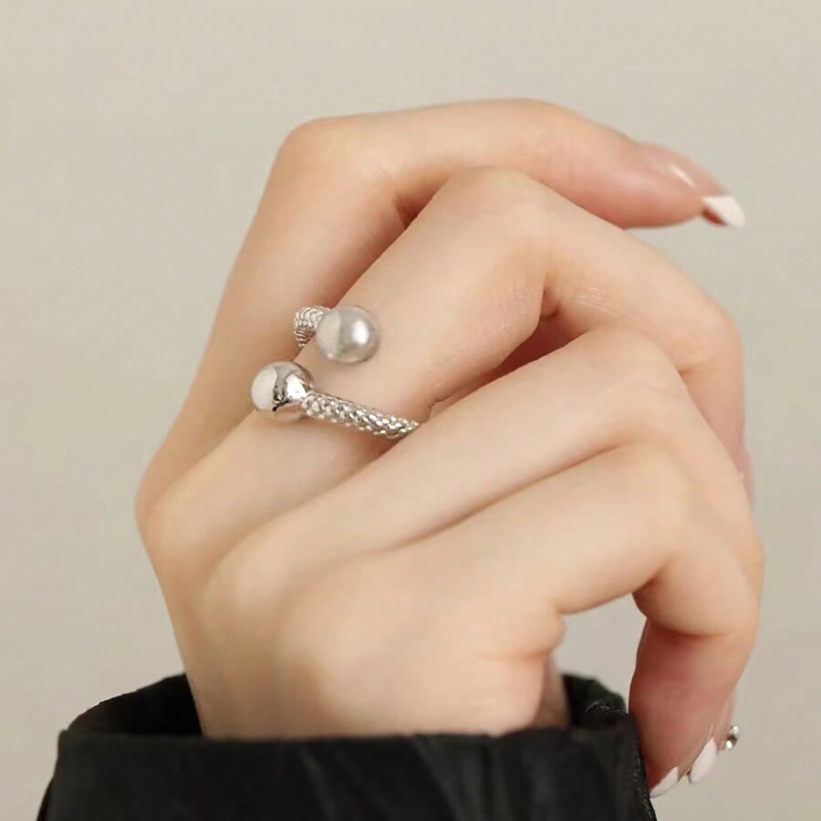 1 pieza Anillo femenino de apertura doble con dos bolas tejidas en plata S925 plateada en cobre ...