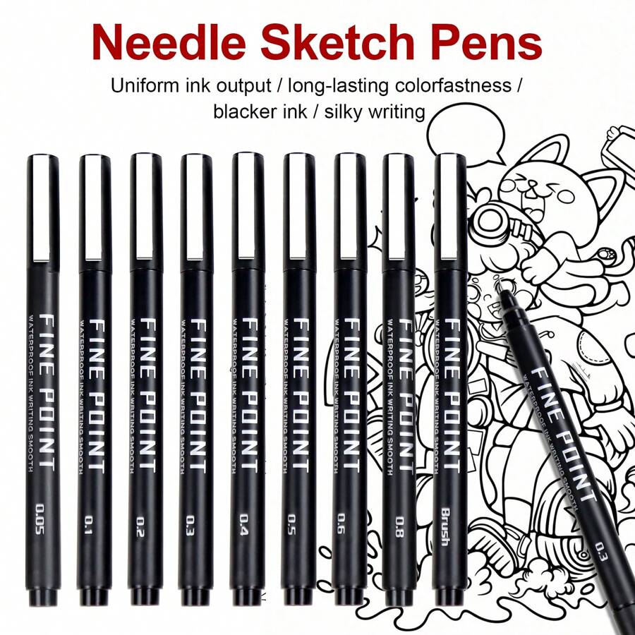 9 Pc Black Micro-Pen Fineliner Ink Pens, Permanent Waterproof Archival ...