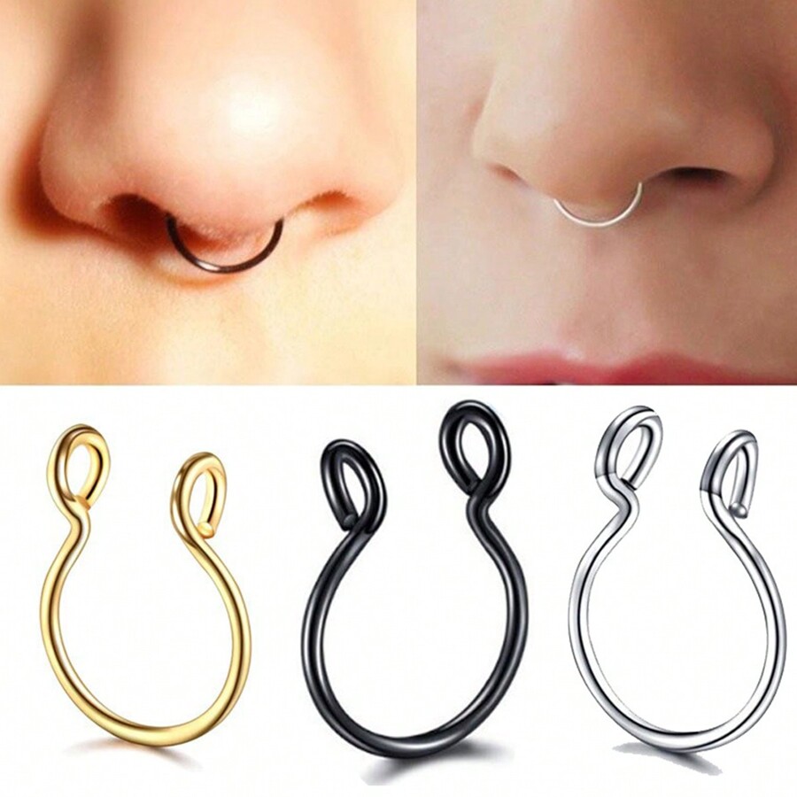 3 Horseshoe Shaped Fake Nose Rings, Non Perforated U-Shaped Artificial ...