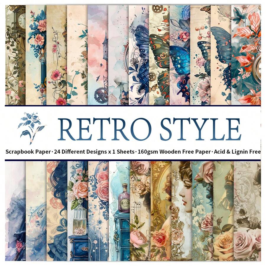 24 Sheets Retro Wall Clock Scrapbook Paper, Mirror Girl Multi-Purpose ...