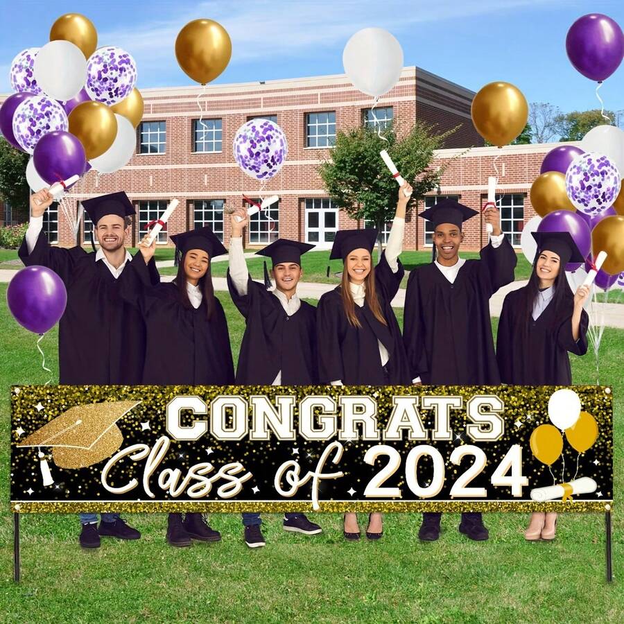 1pc Congrats Grad Banner Golden Class Of 2024 Banner Backdrop ...