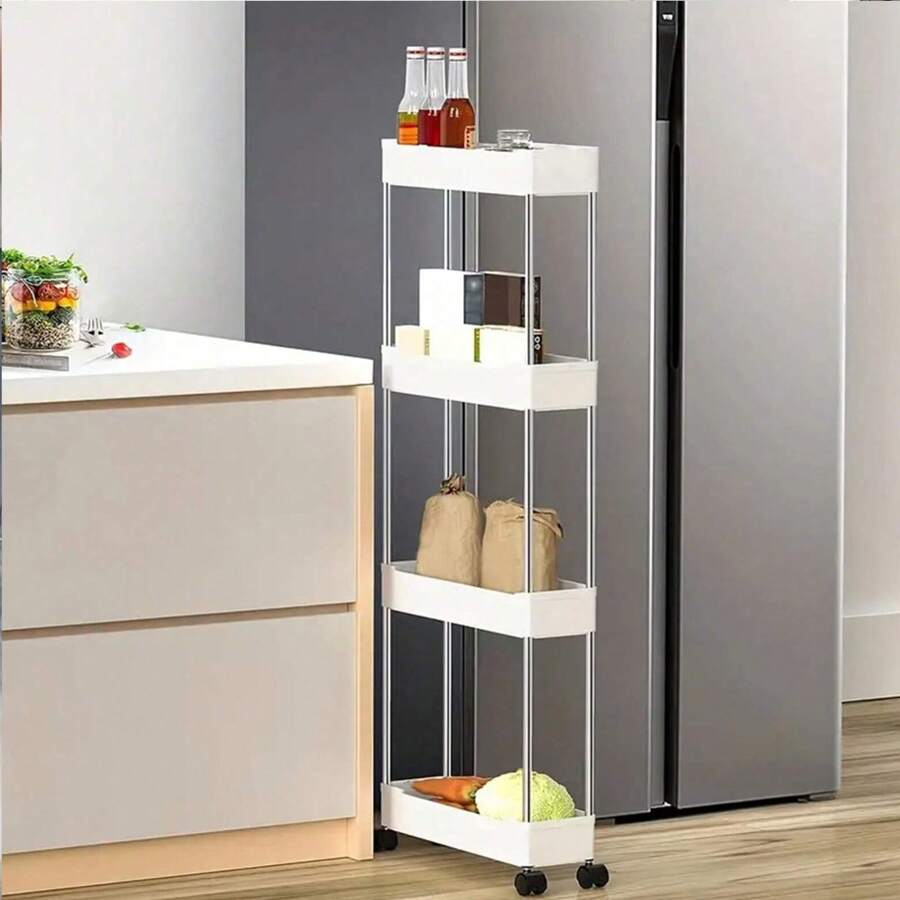 1pc 3/4 Tier Kitchen Storage Rack, Freestanding Mobile Trolley In White ...