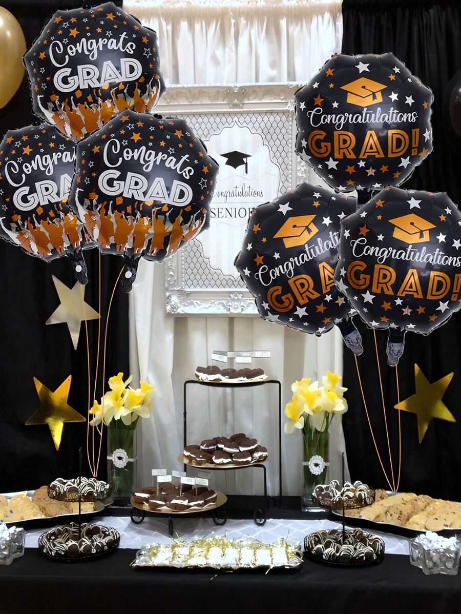 6pcs Graduation Themed Aluminum Foil Balloon Set, Black And White 18 ...