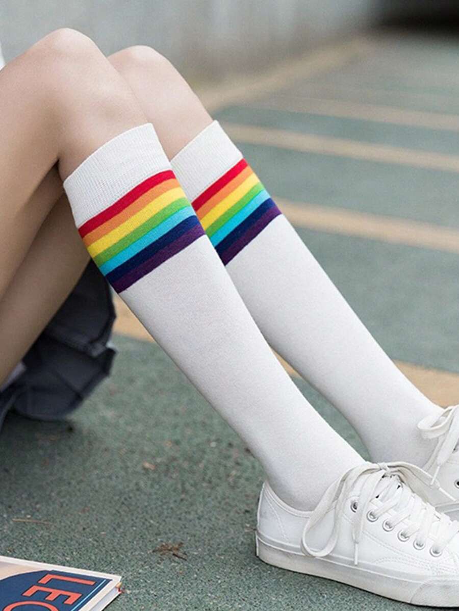 1 par de Calcetines hasta la rodilla de rayas arcoíris para mujer ...