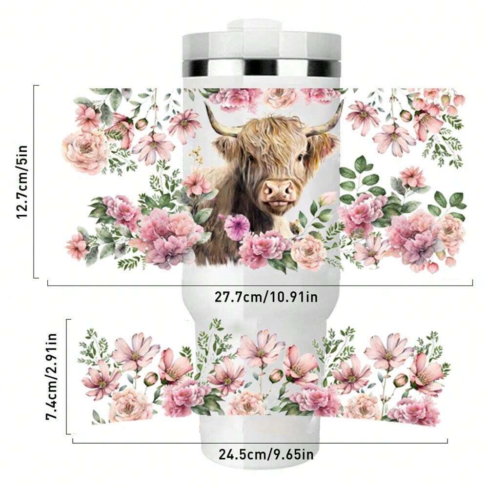 1 Set/2 Pcs UV DTF Cup Wraps Transfer For 40 OZ Tumbler Flower Cow UV ...