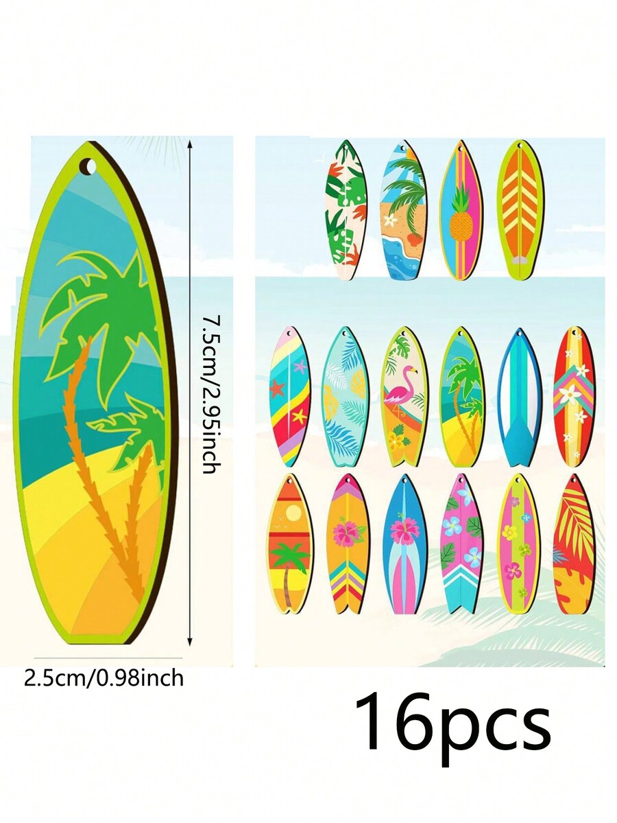 16pcs Wooden Surfboard Design Beach Tree Hanging Decorations For Summer ...