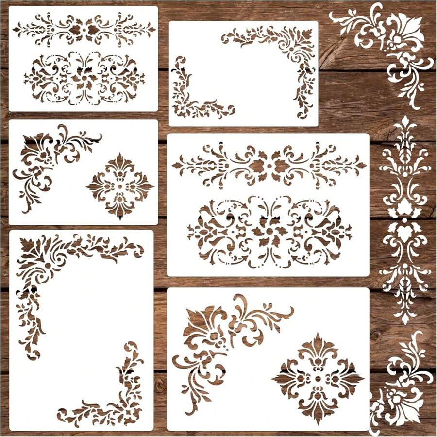 6pcs Corner Stencils For Painting, Vintage Damask Border Stencil Template Reusable Corners ...