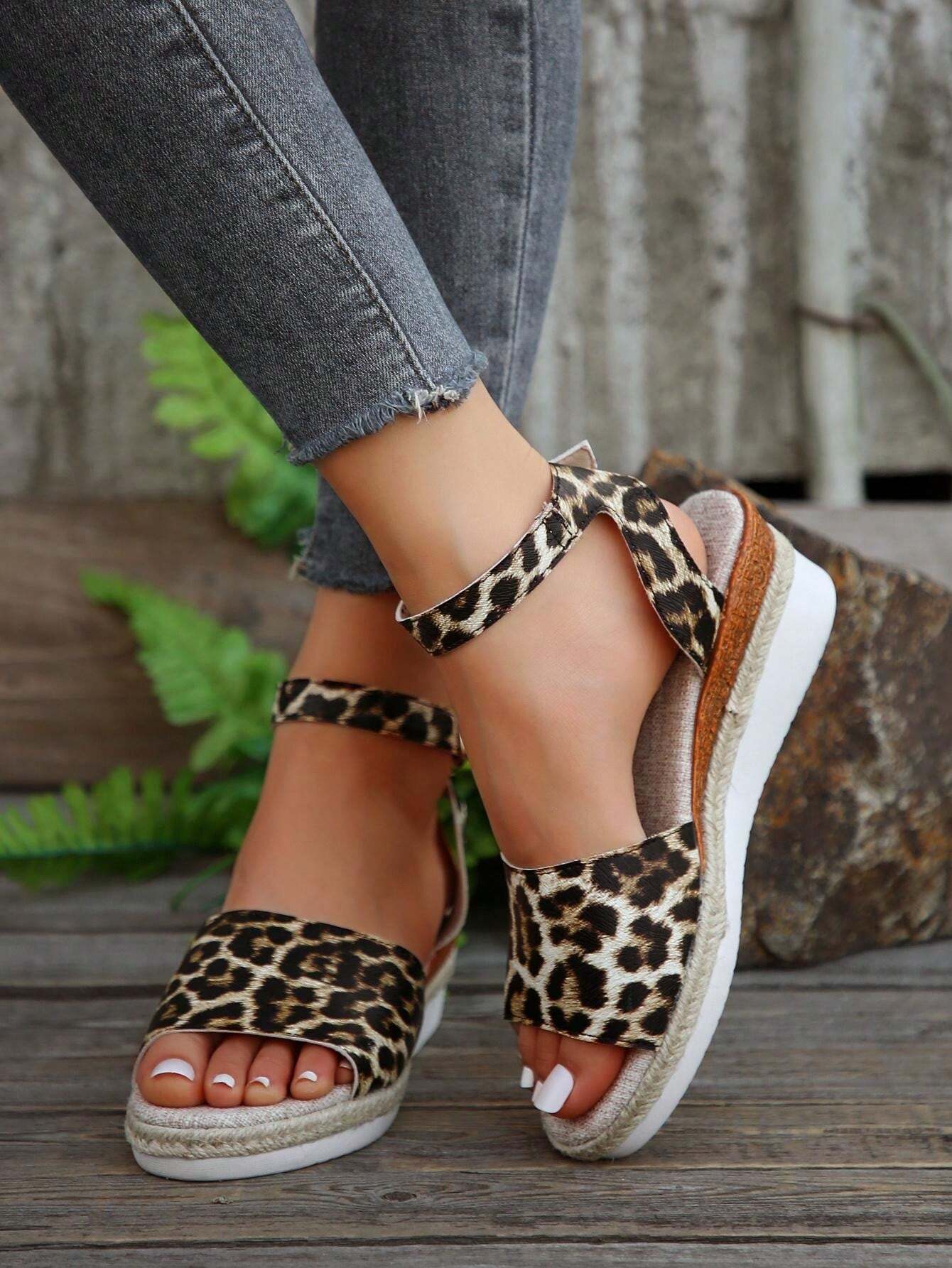 Women's Summer Leopard Print Wedge Sandals, Open Toe With Ankle Strap ...