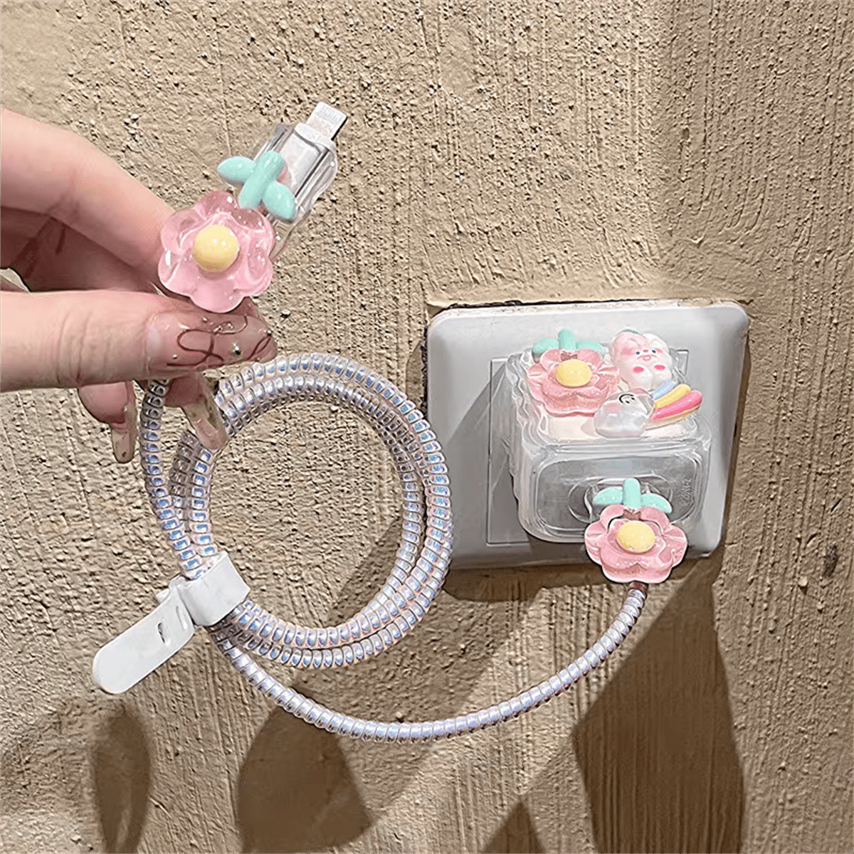 Cute Flower Pattern Data Cable & Charger Protector Set, Compatible With ...