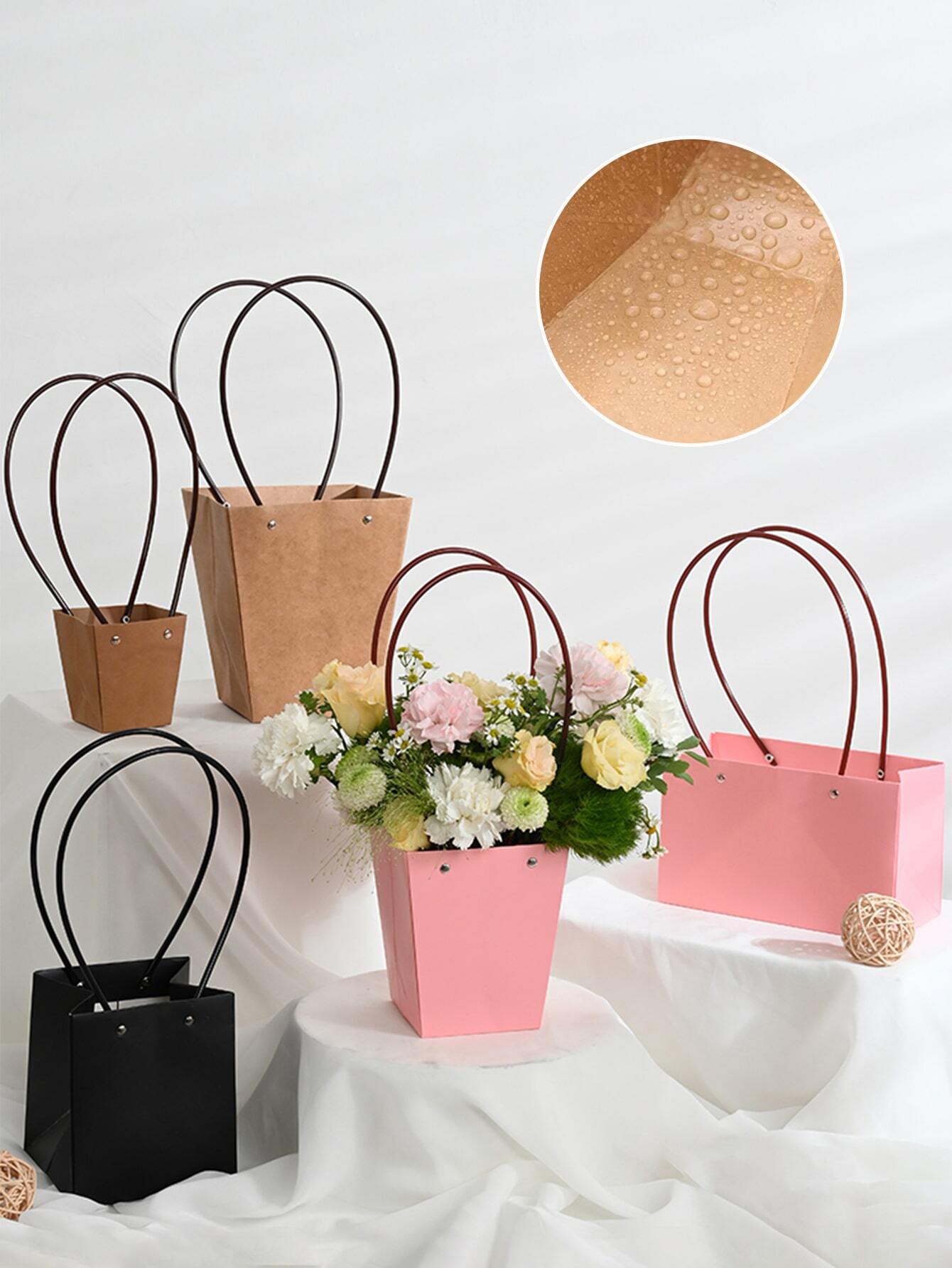 3pcs/Set Brown Kraft Paper Flower Gift Bag, Bouquet Bag With Handle ...