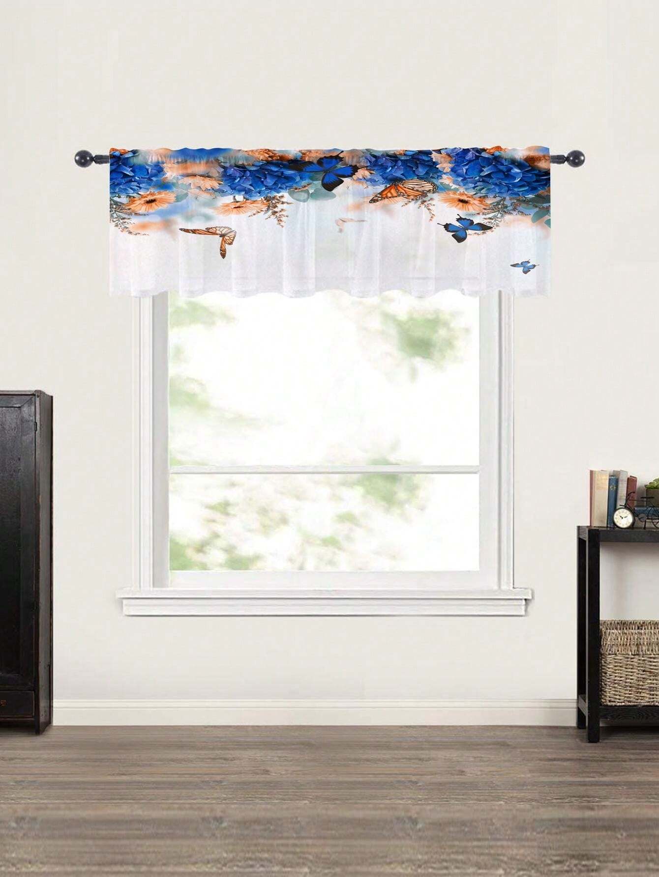 Floral Print Sheer Single Panel Window Curtain, Modern Polyester See ...