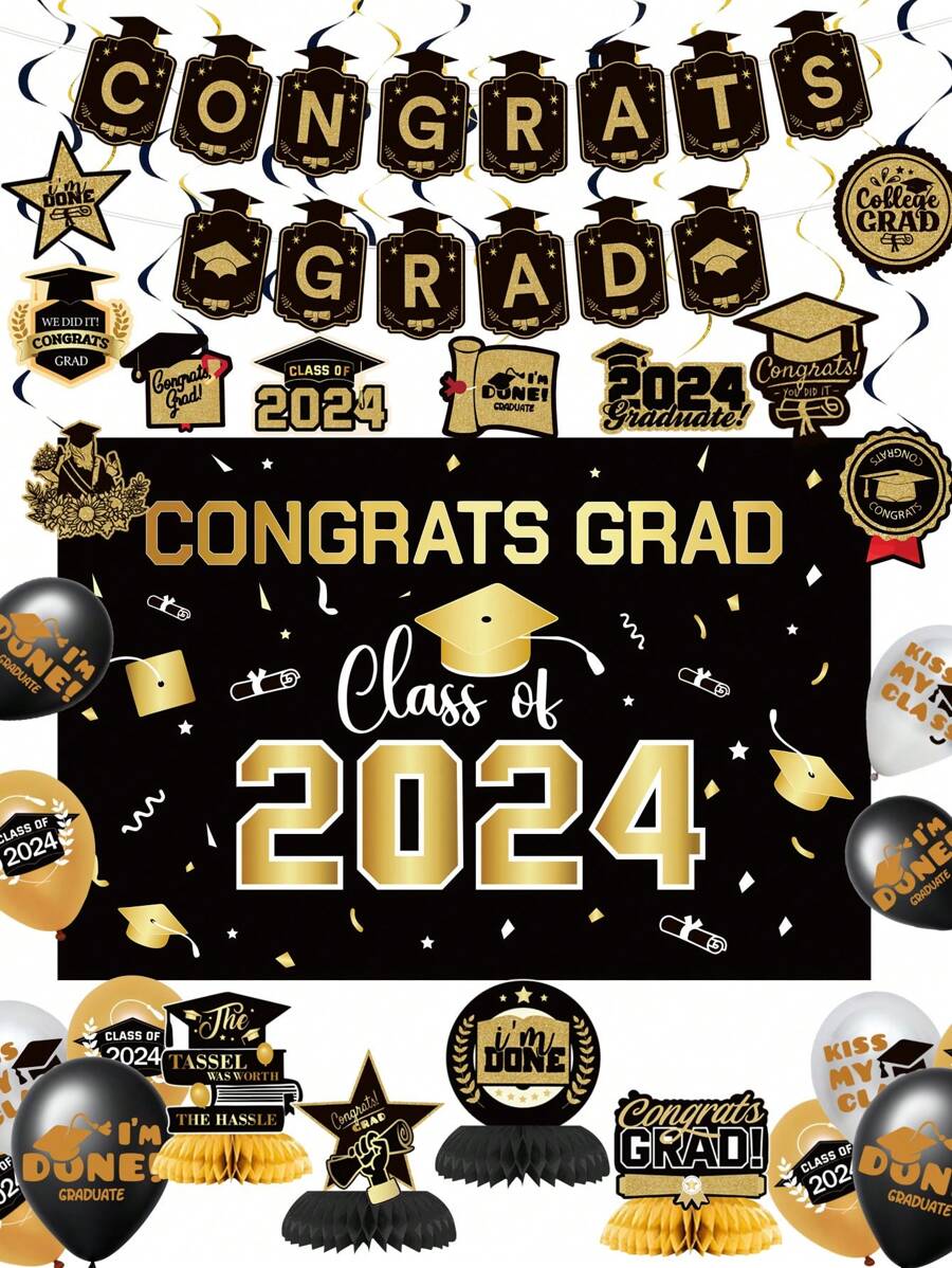 25pcs Graduation Decorations Class Of 2024,Gold Themed Graduation ...