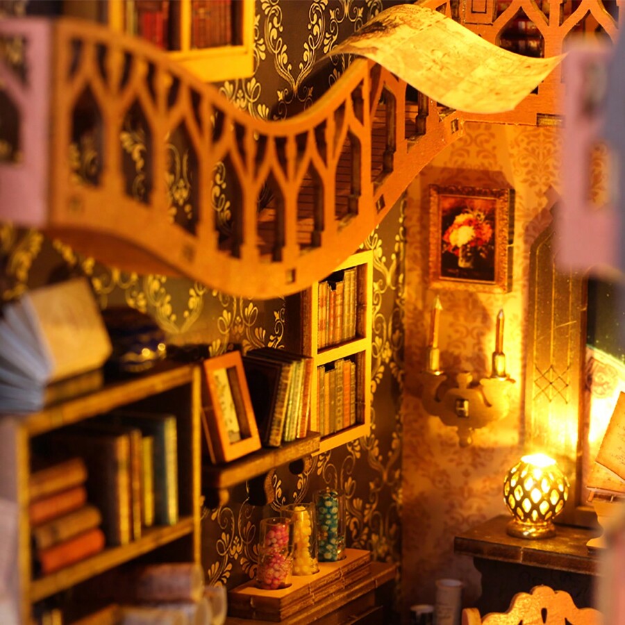 Miniature DIY Magic Bookcase Assembly Model Building Dollhouse Toy Set ...