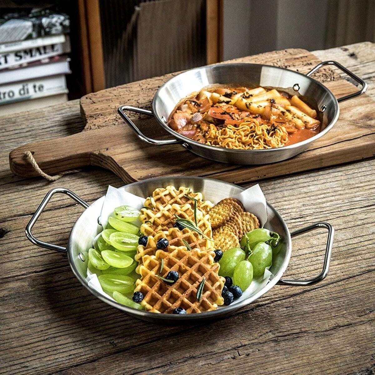 1 Pc Double-Handled Pan, Silver Stainless Steel Tray Plate, Flat Pot ...