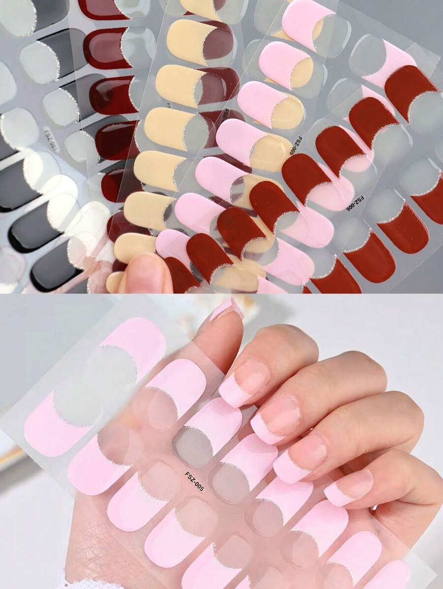16pcs French Half-Cured Gel Nail Stickers, Nail Polish Films, Pink ...