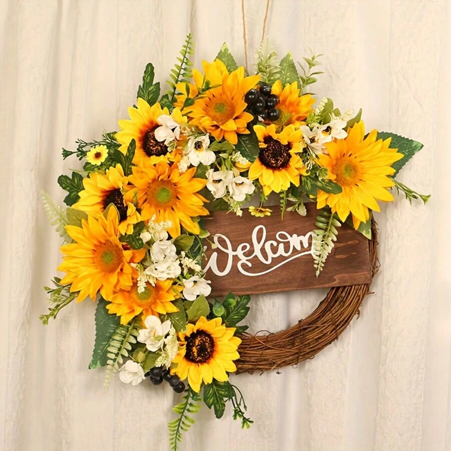 Sunflower Decorative Wreath Door Hanger With Welcome Sign, Bee & Vine ...