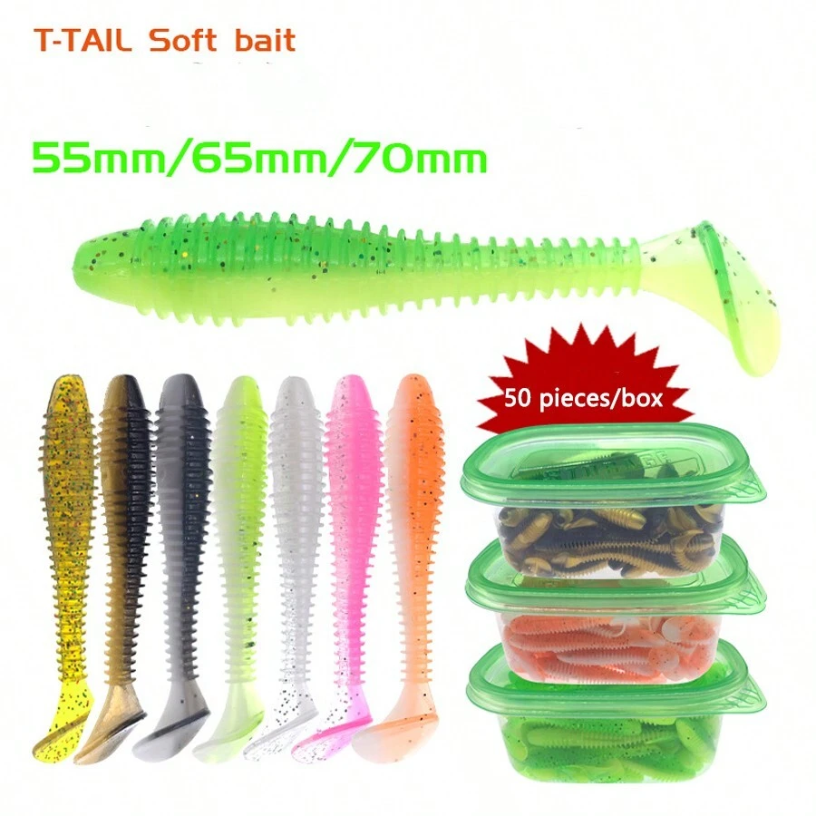 50 Pieces/Box Silicone Bait, Rubber Worm Grubs Parker Hook Needle Set ...