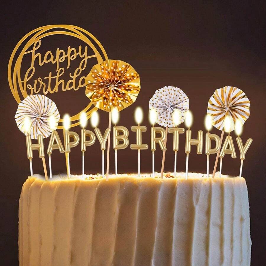 24PCS Birthday Cake Topper Set - Gold Cake Toppers With Happy Birthday ...