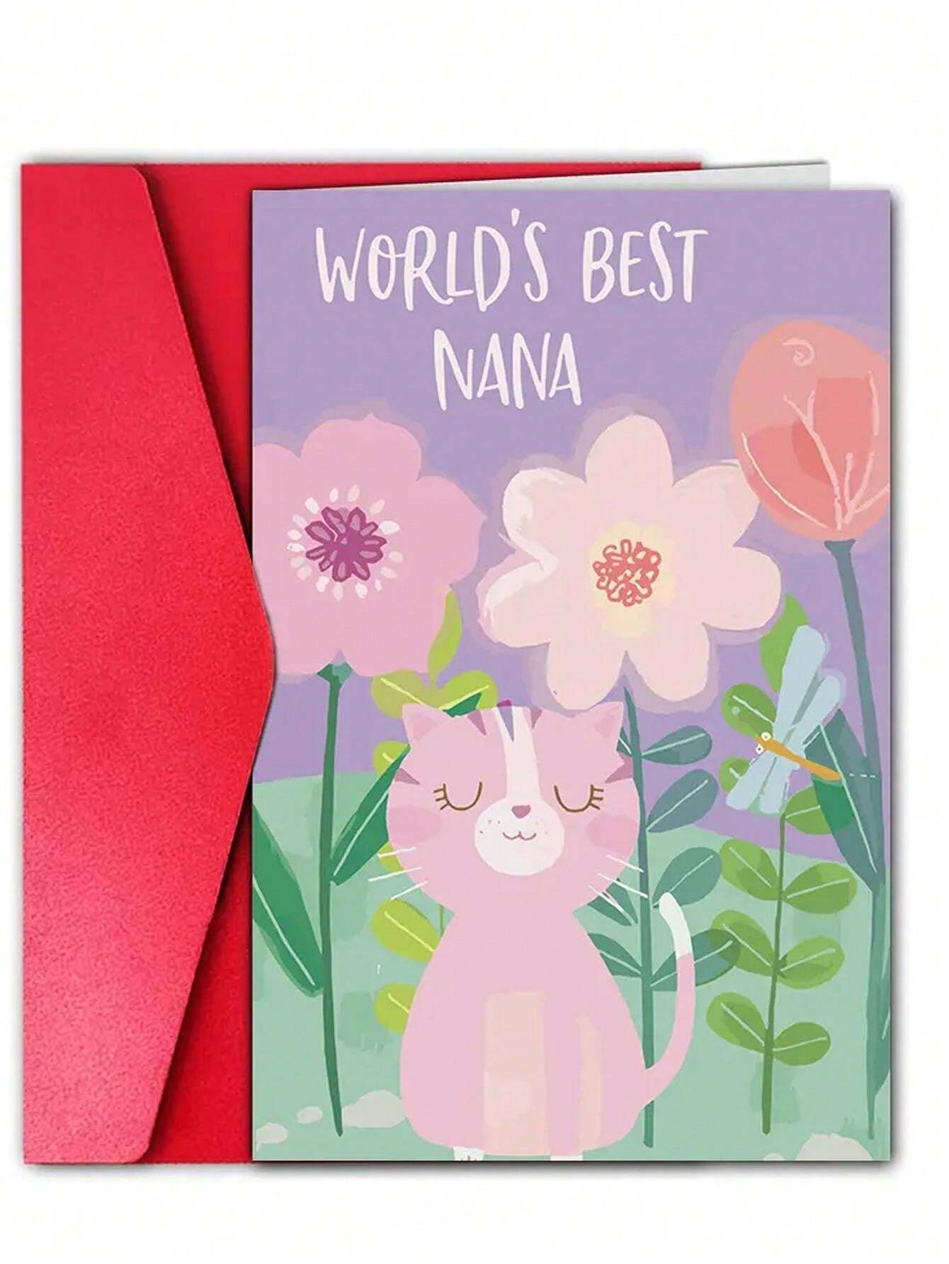 1pc 'World's Best Nana' Card With Cute Cat Design, Birthday Greeting ...