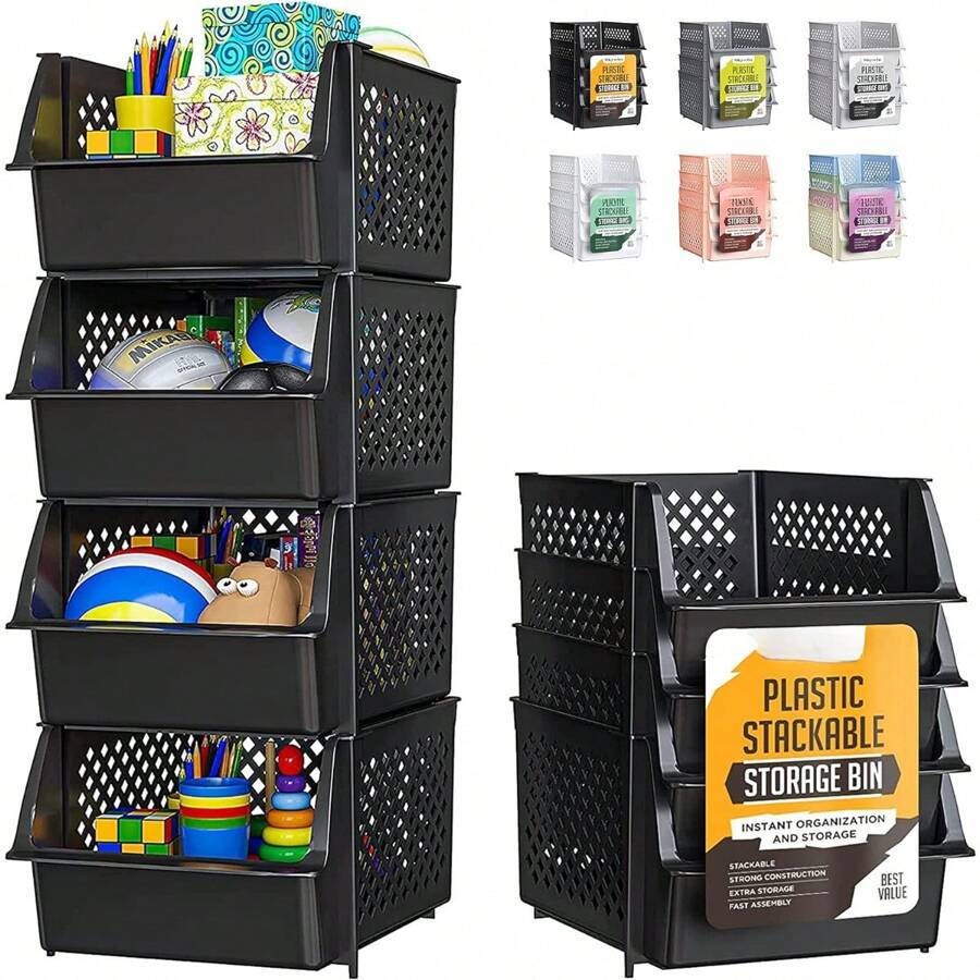 Plastic Stackable Storage Bins For Pantry - 4-Pack Black Stackable Bins ...