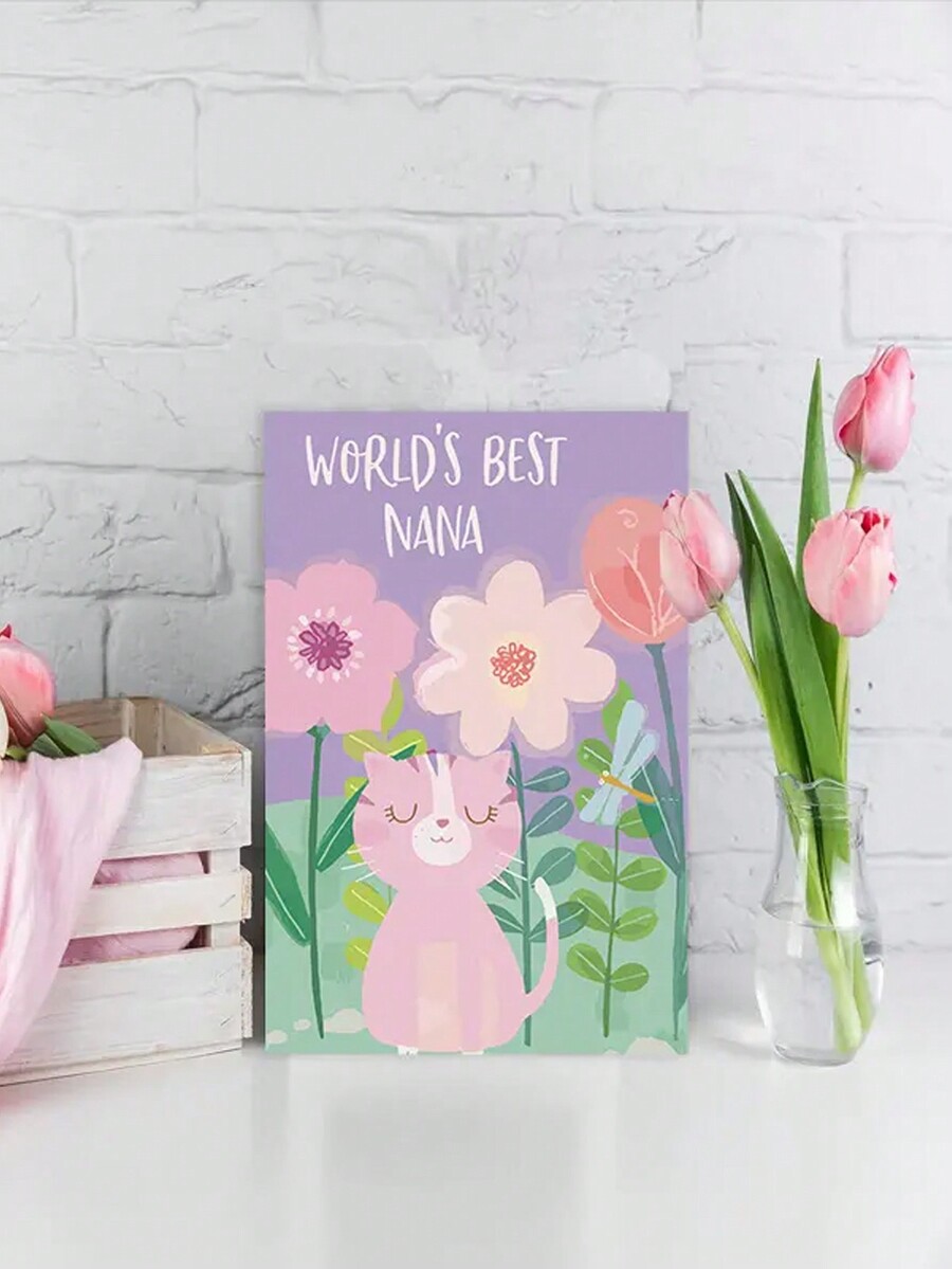 1pc 'World's Best Nana' Card With Cute Cat Design, Birthday Greeting ...