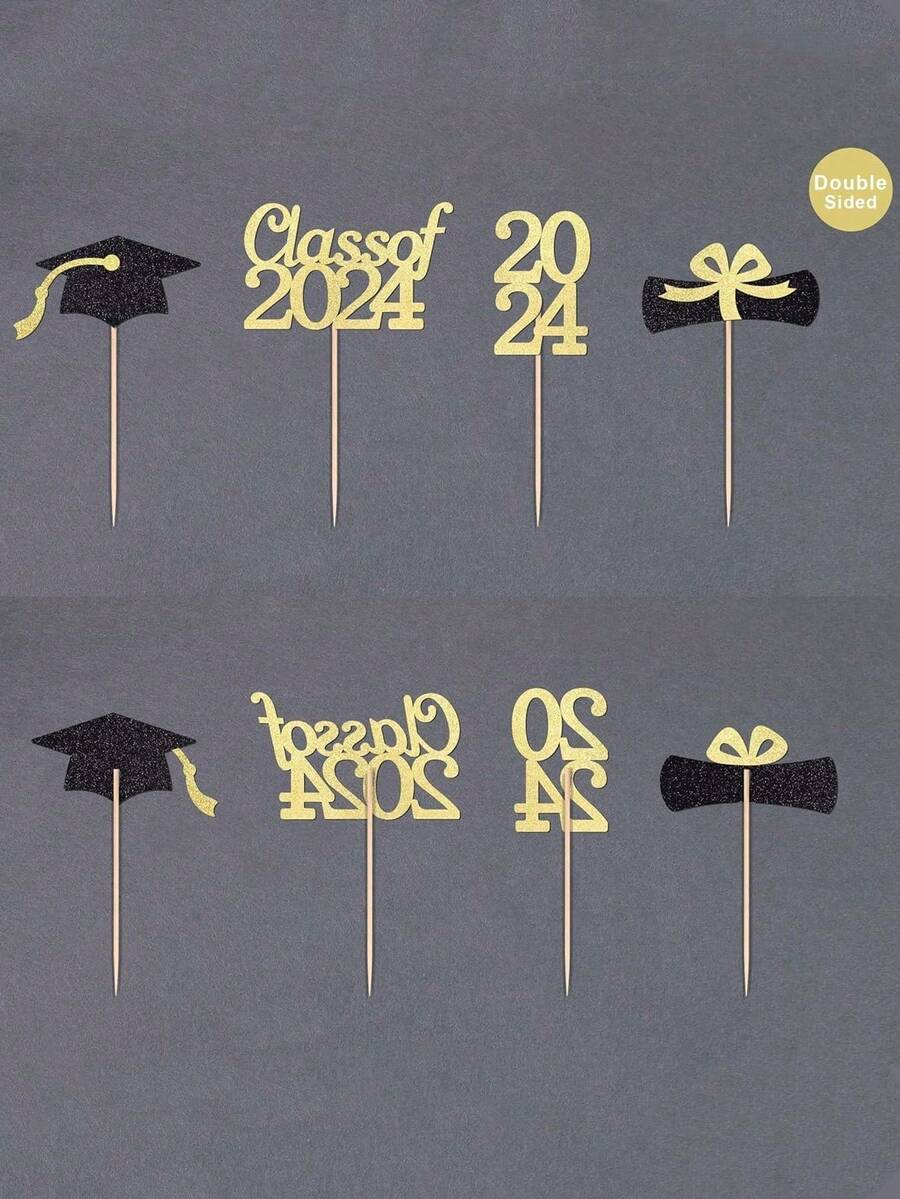 12Pcs Congrats Grad 2024 Cake Topper Black And Gold Glitter Graduation ...