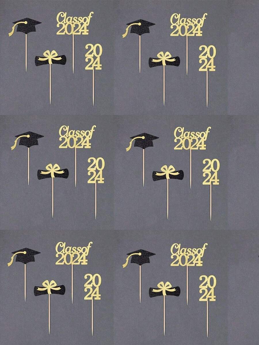 12Pcs Congrats Grad 2024 Cake Topper Black And Gold Glitter Graduation ...