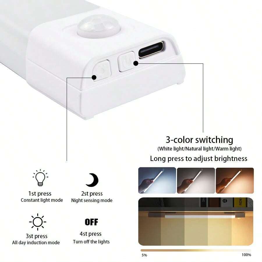 1 Pc 3-Color Human Body Sensor Light Bar Rechargeable Intelligent LED ...